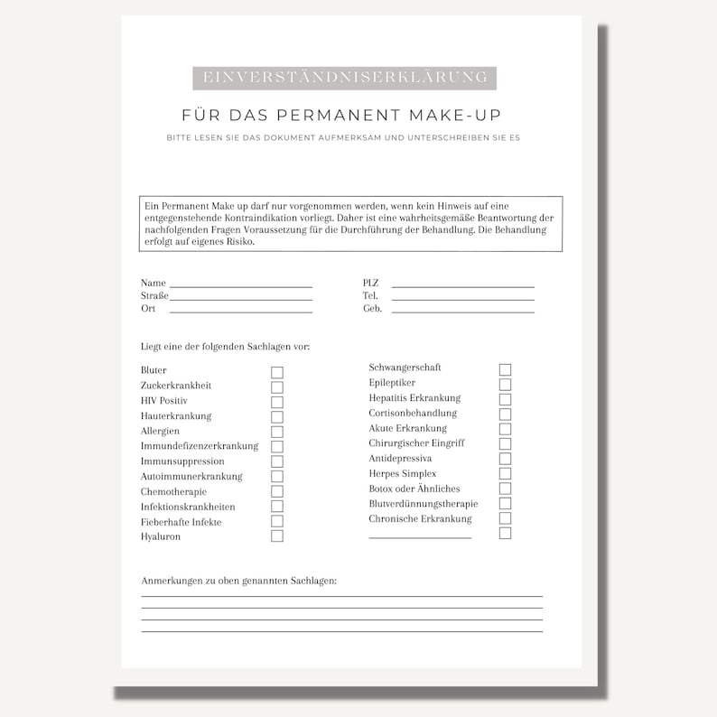 Einverständnis für Permanent Make-up im PDF und Canva Format E-File kaufen & downloaden semi ...