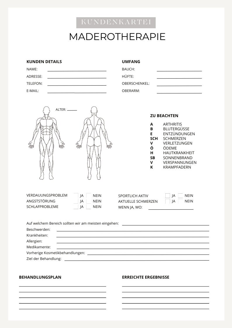 Kundenkartei für Maderotherapie im PDF und Canva Format Formular ...