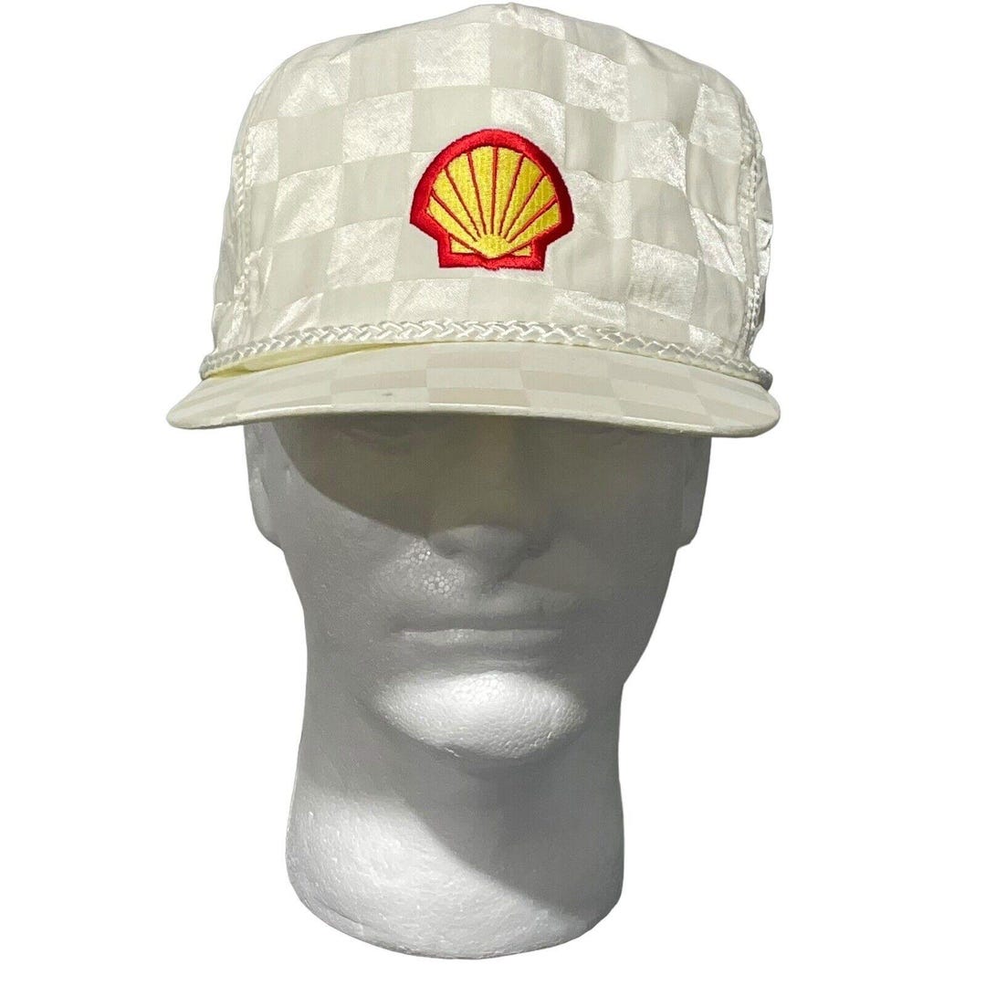 Vintage Shell Oil Checkered Rope 80’s Adjustable White Trucker Hat Very ...