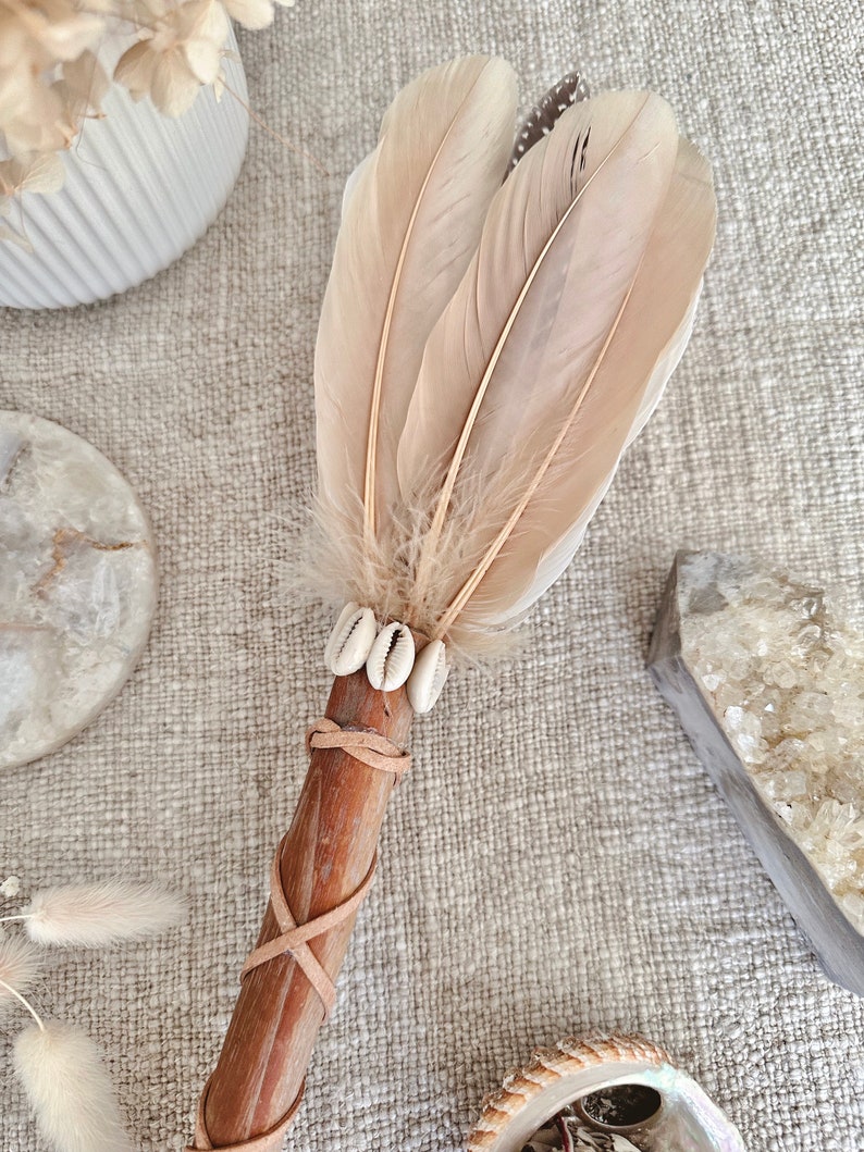 Smudging Feather and Crystals Fan Wand Ceremonial Spiritual Ideal Gift ...