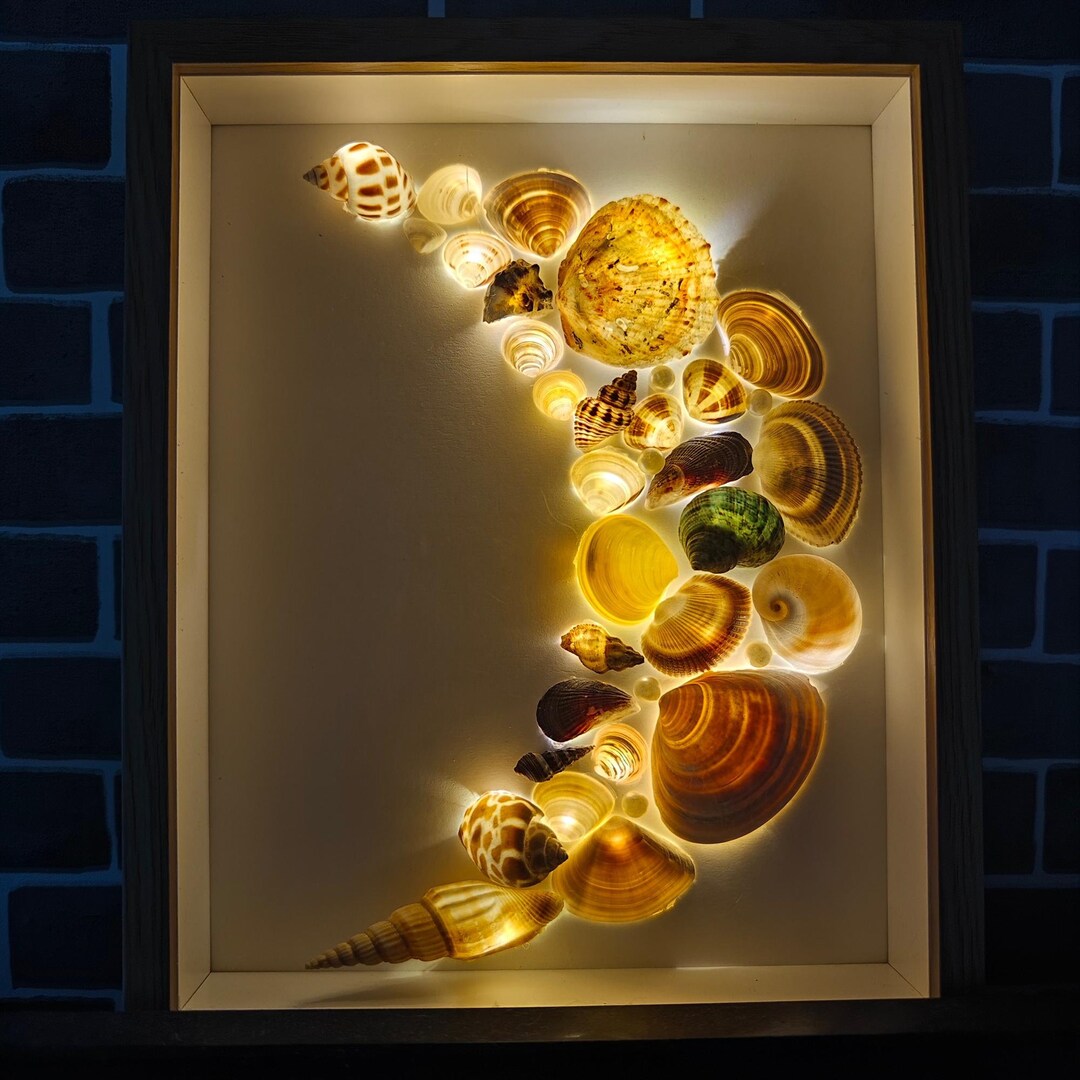 Lighting Shell Photo Frame, Handmade Moon Shape Shell Framed Wall ...
