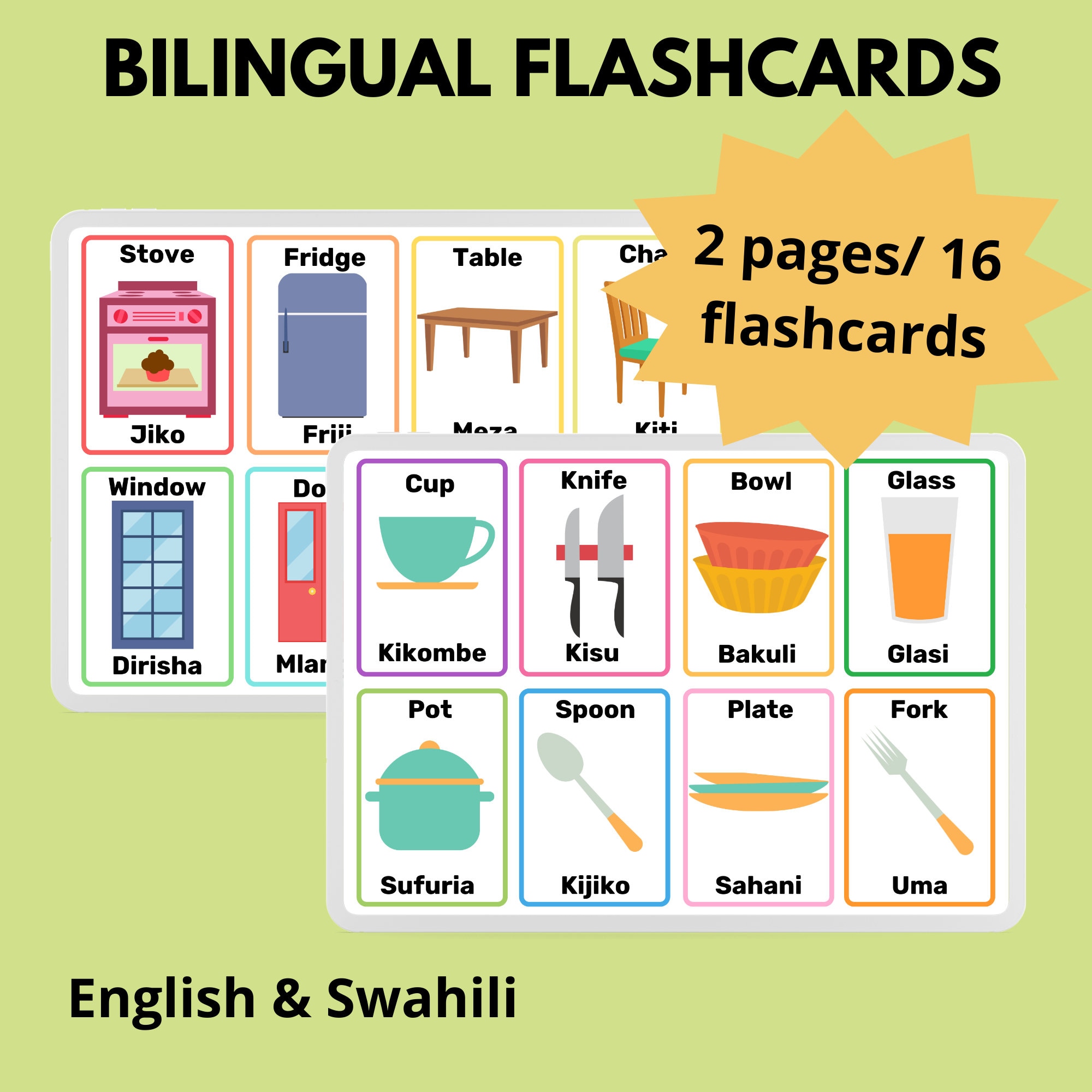 Household Items Flashcards, Swahili & English, - Etsy