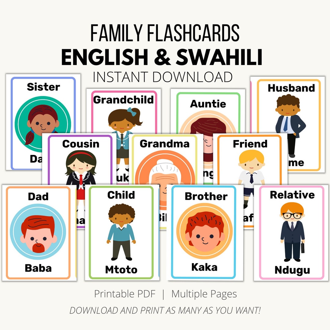Family Flashcards, English/swahili, Bilingual, Kenya, Tanzania ...