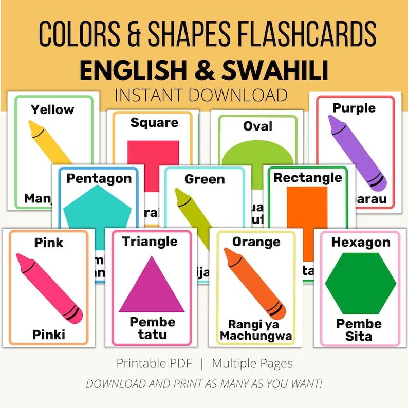 Colors and Shapes Flashcards, English/swahili, Homeschooling, Bilingual ...