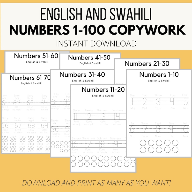 Numbers 1-100, Copywork, English & Swahili, Bilingual, Kindergarten ...
