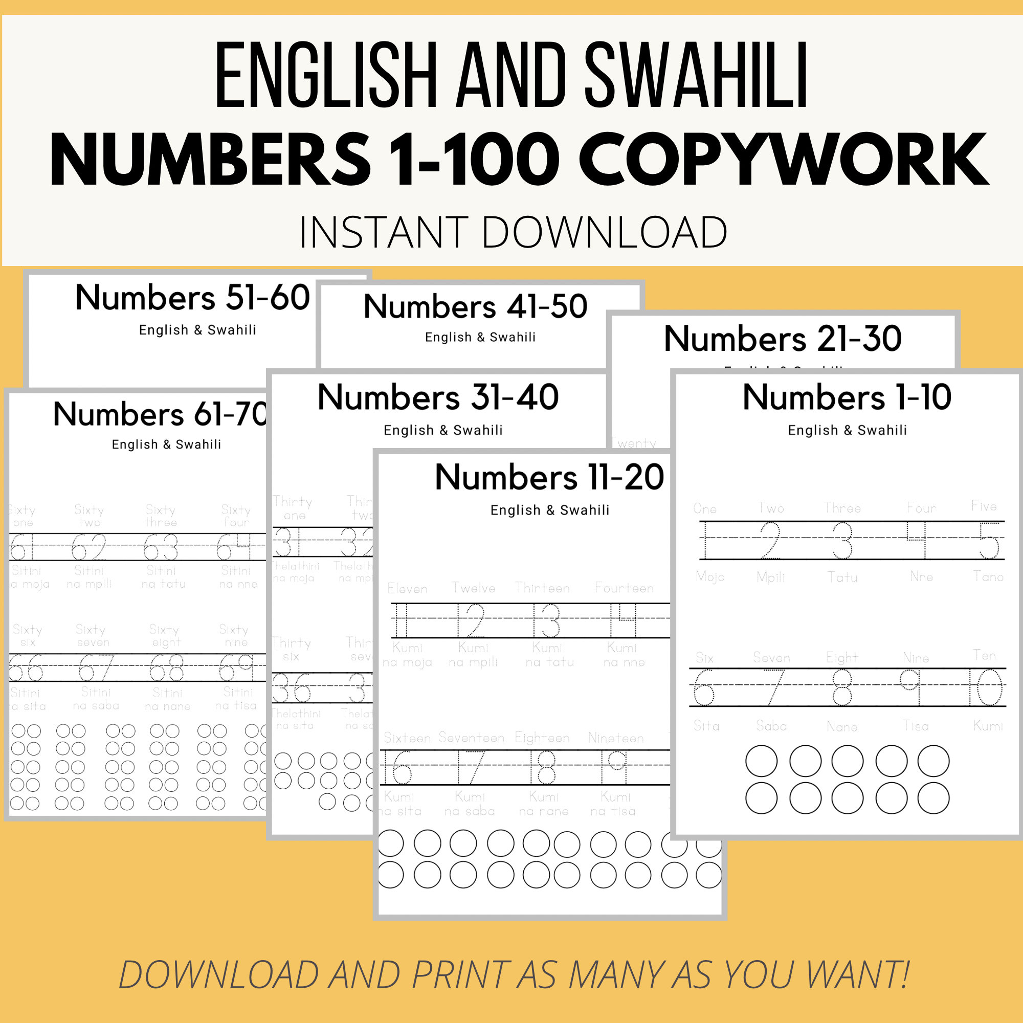Numbers 1-100, Copywork, English & Swahili, Bilingual, Kindergarten ...