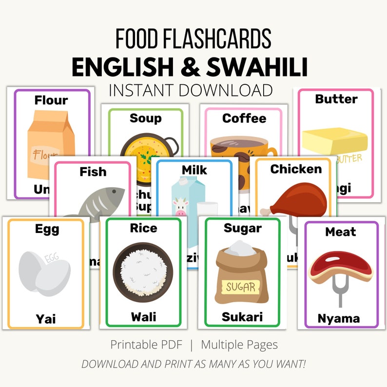 Common Food Items Flashcards| English/swahili | Pre-school | Homeschool ...
