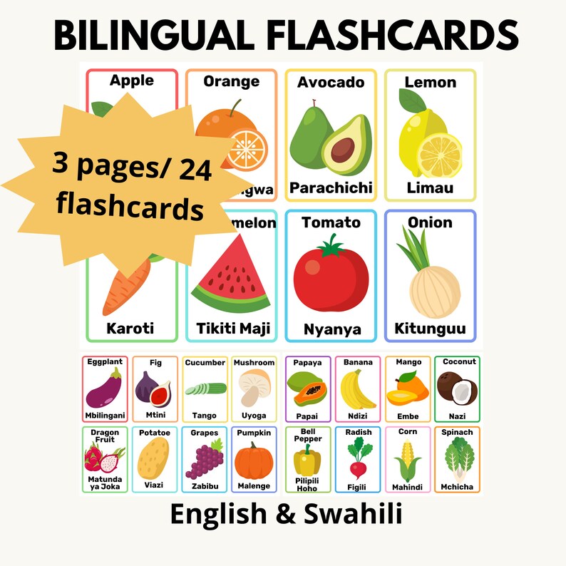 Fruits & Vegetables Flashcards, English/swahili, Bilingual ...