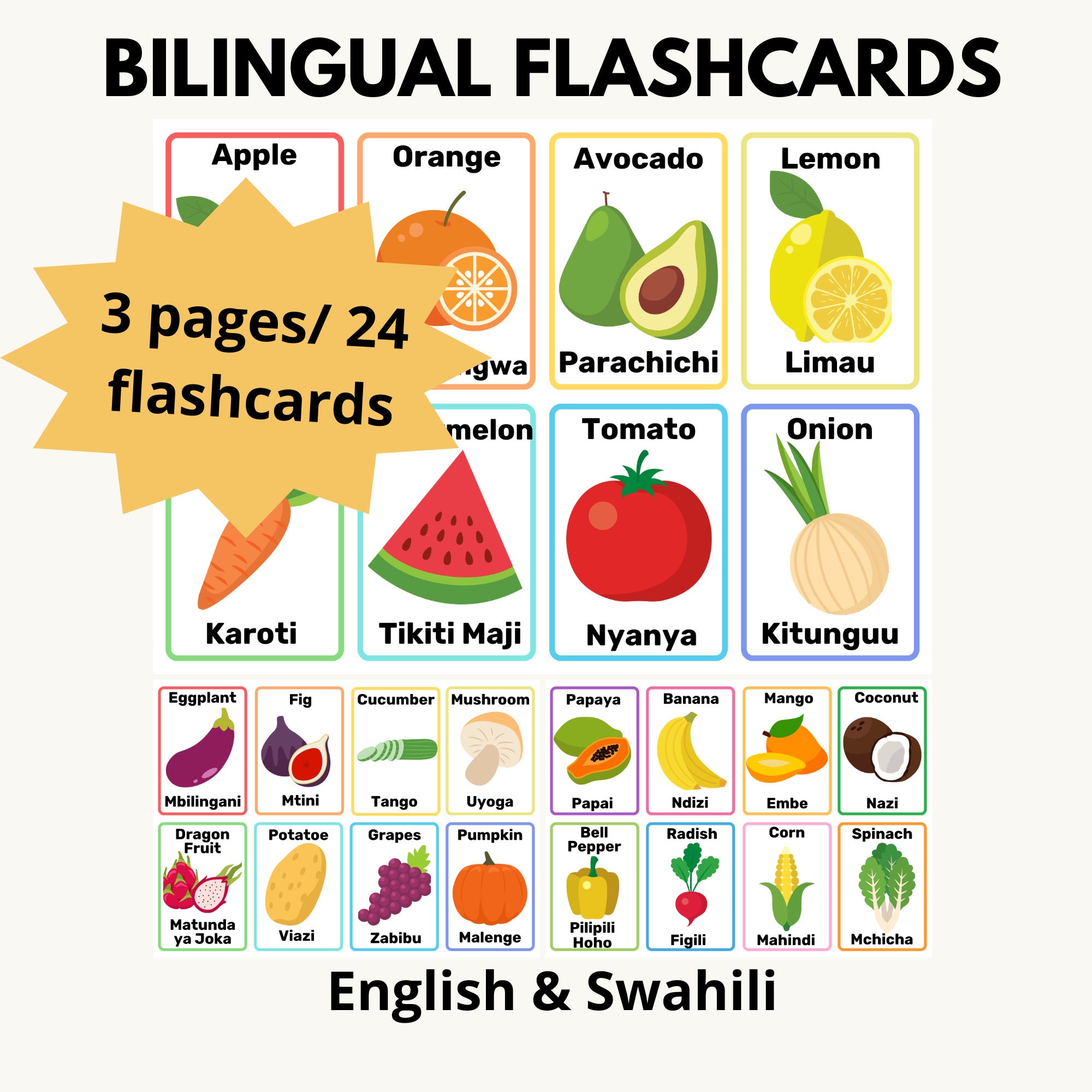 Fruits & Vegetables Flashcards, English/swahili, Bilingual ...