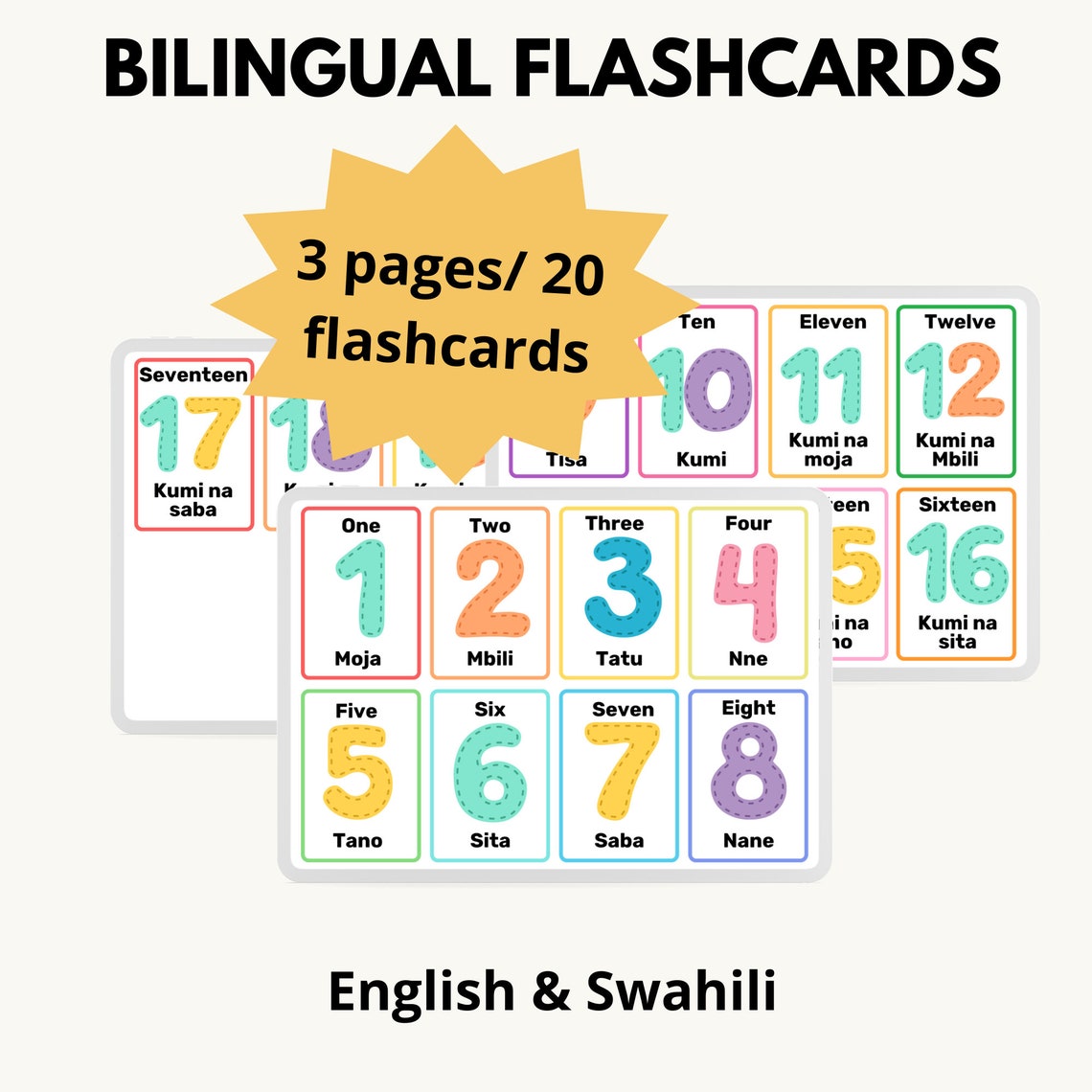 Numbers Flashcards (1-20), English/swahili, Homeschooling, Kenya ...