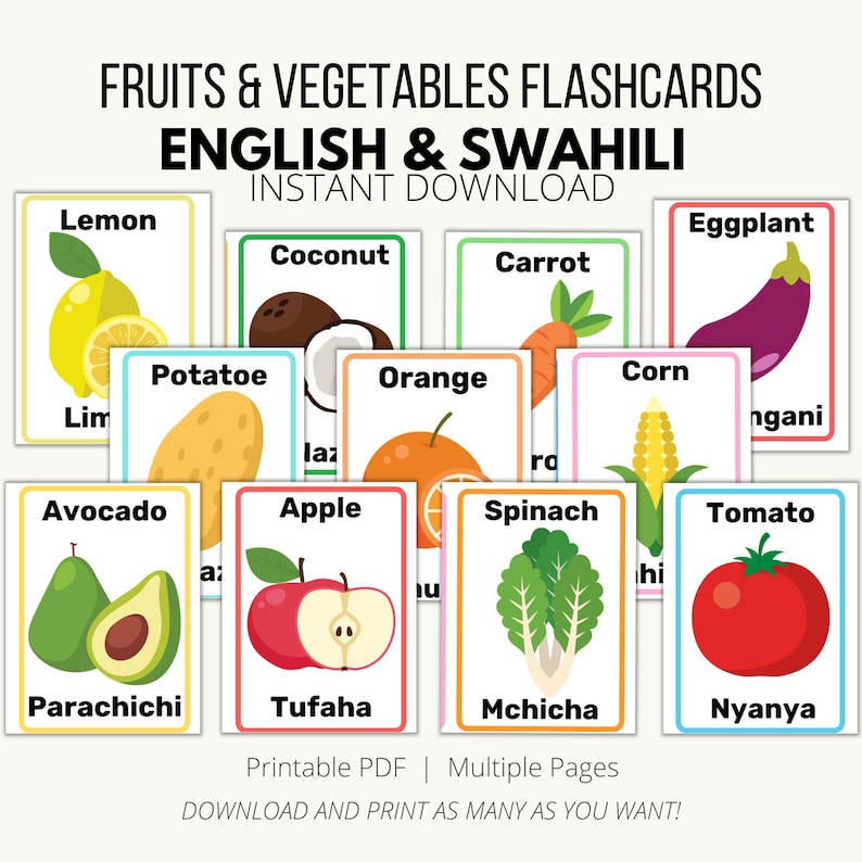 Fruits & Vegetables Flashcards, English/swahili, Bilingual ...