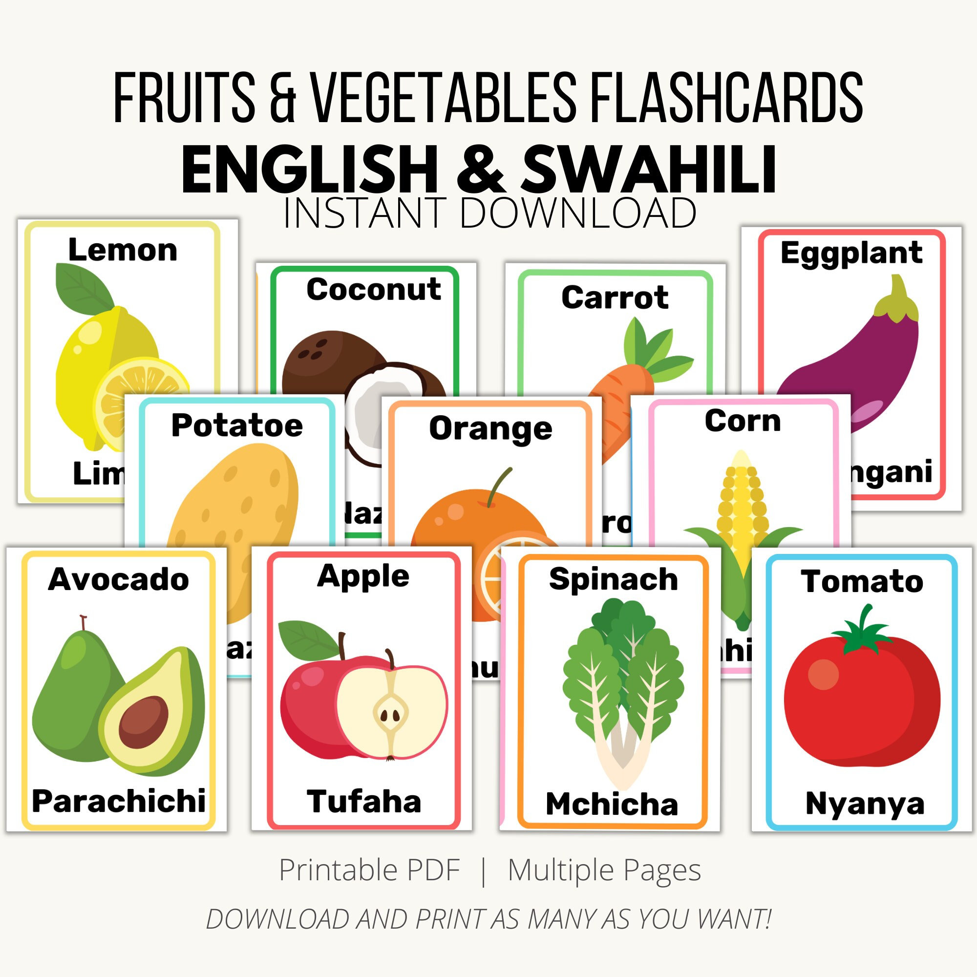 Fruits & Vegetables Flashcards, English/swahili, Bilingual ...