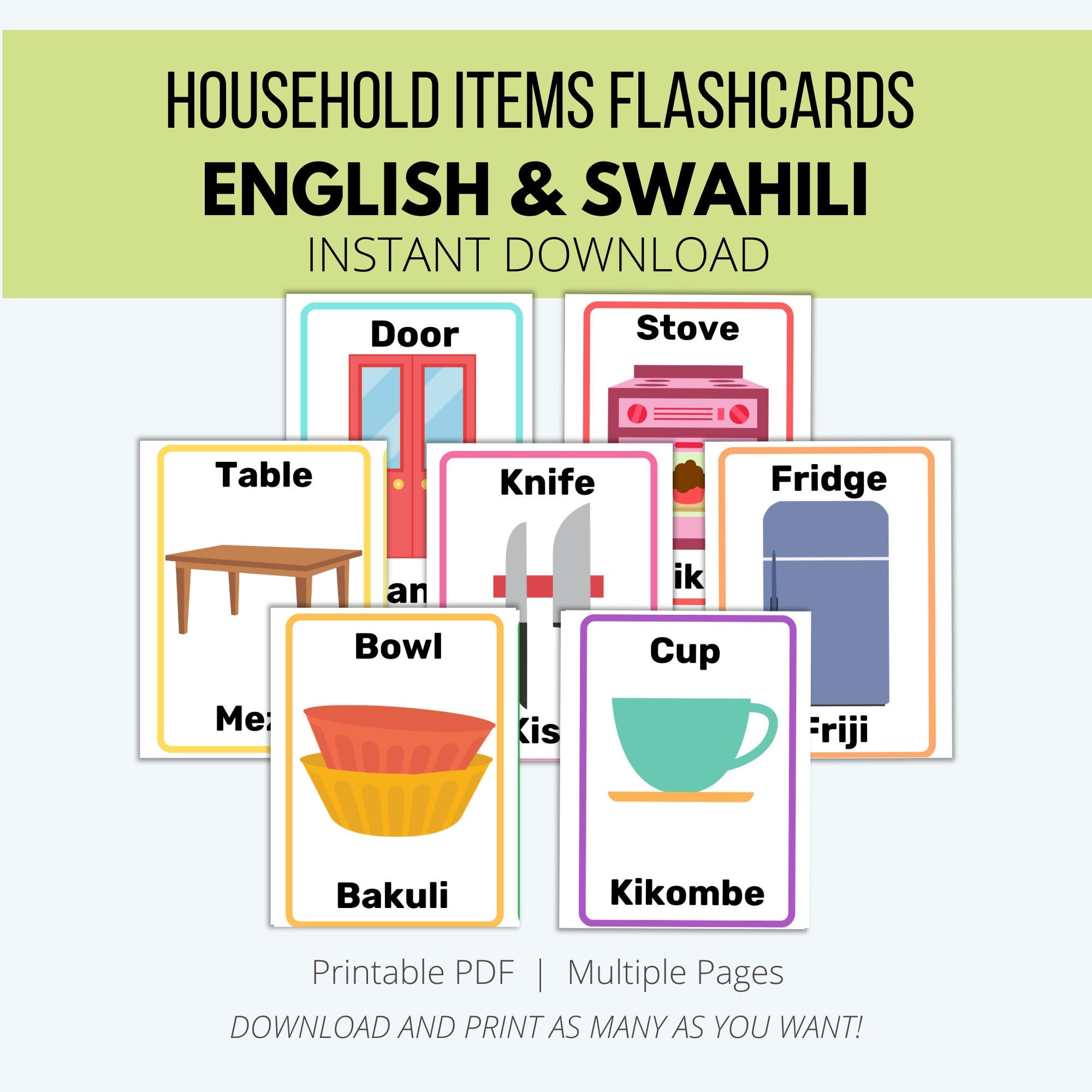 Household Items Flashcards, Swahili & English, - Etsy