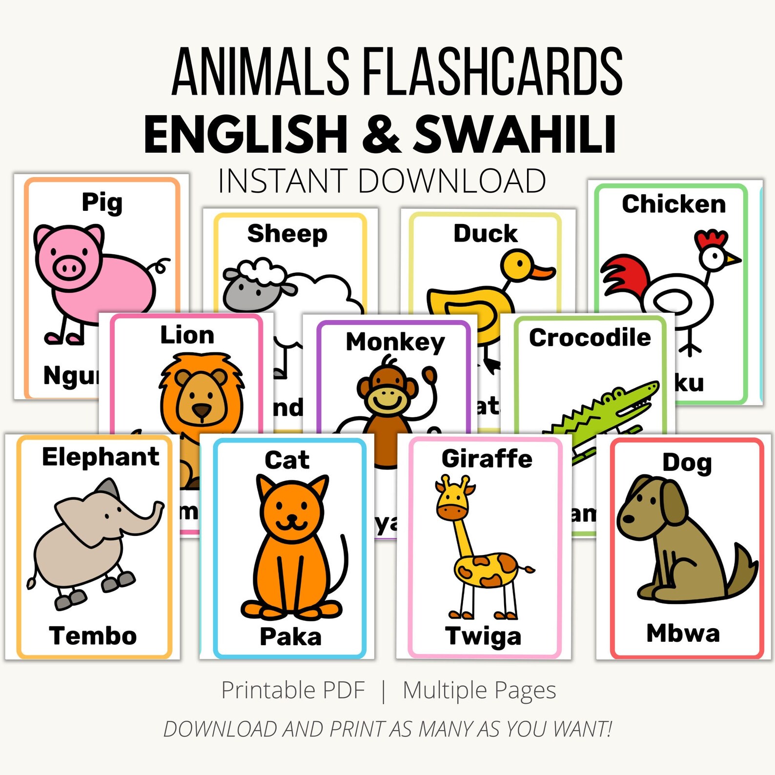 Animal Flashcards, English & Swahili, Bilingual, Preschool - Etsy