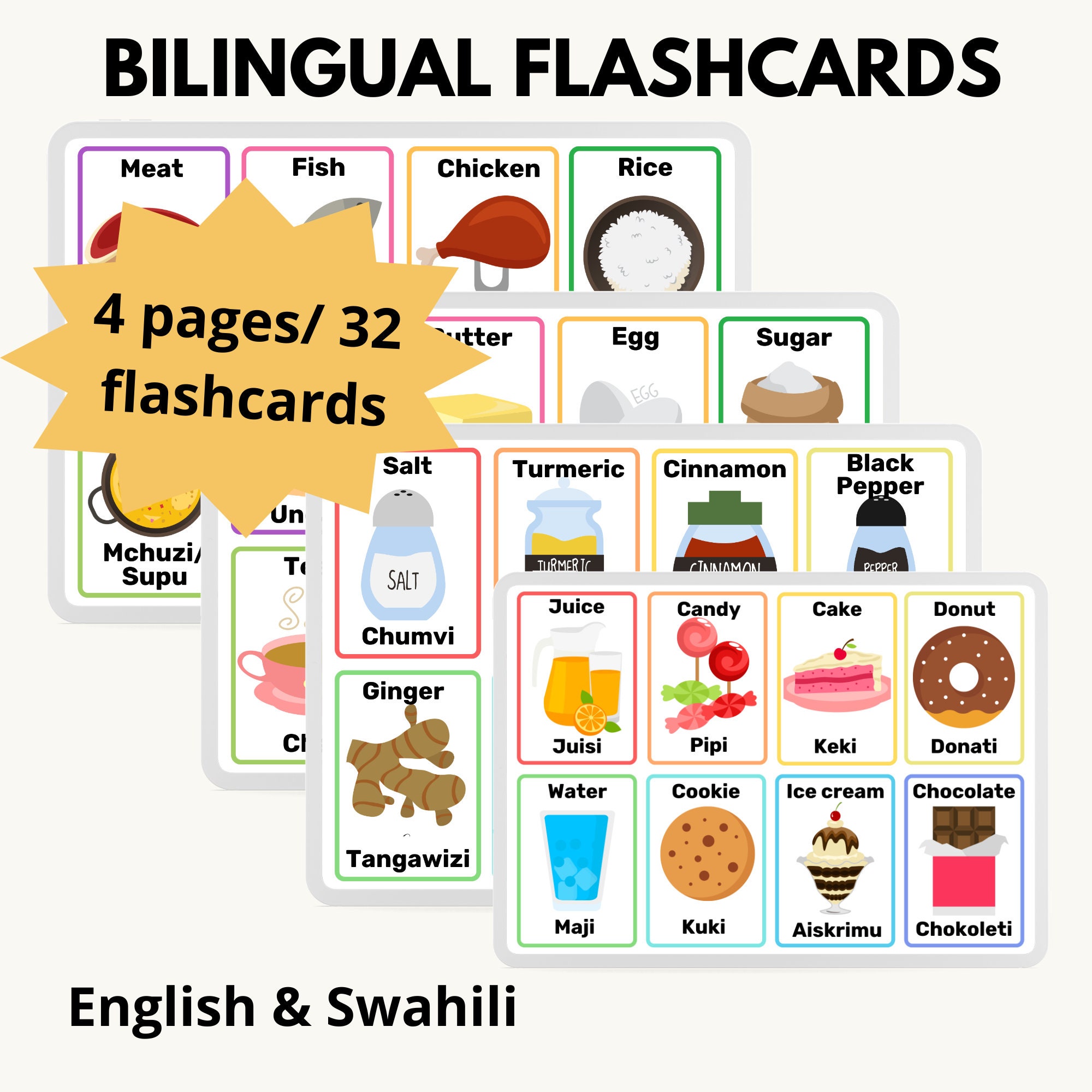 Common Food Items Flashcards| English/swahili | Pre-school | Homeschool ...