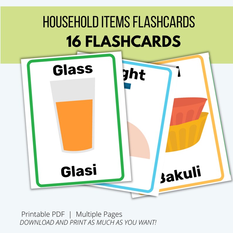 Household Items Flashcards, Swahili & English, - Etsy