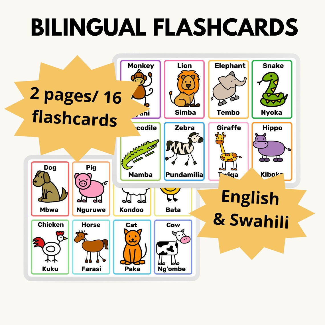 Animal Flashcards, English & Swahili, Bilingual, Preschool - Etsy