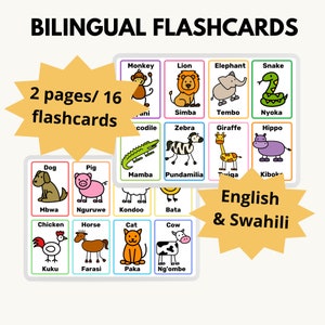 Animal Flashcards, English & Swahili, Bilingual, Preschool - Etsy