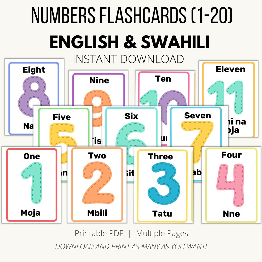 Numbers Flashcards (1-20), English/swahili, Homeschooling, Kenya ...