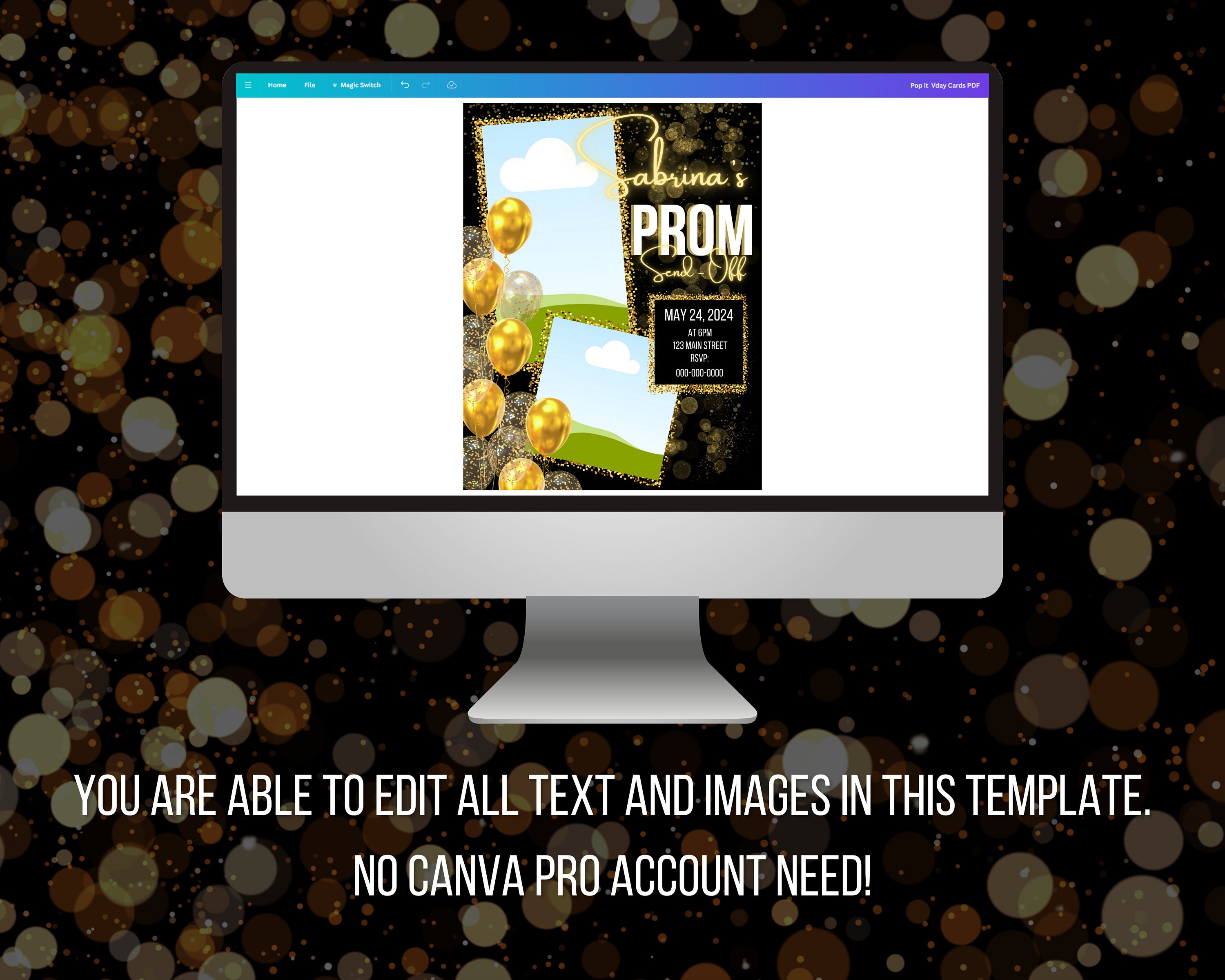 Canva Template Gold Prom Invitation Flyer | Gold Prom Dress | Prom ...
