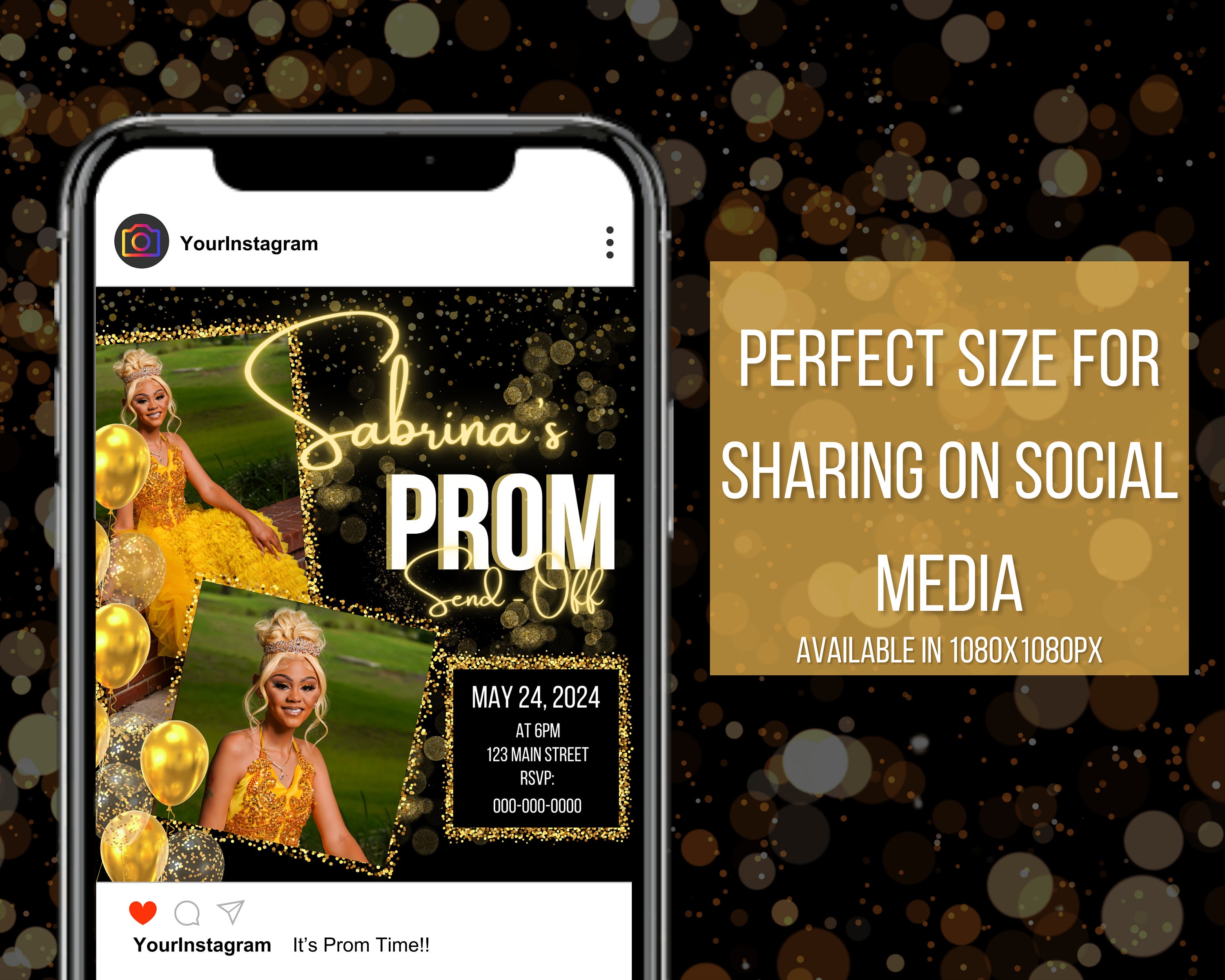 Canva Template Gold Prom Invitation Flyer | Gold Prom Dress | Prom ...