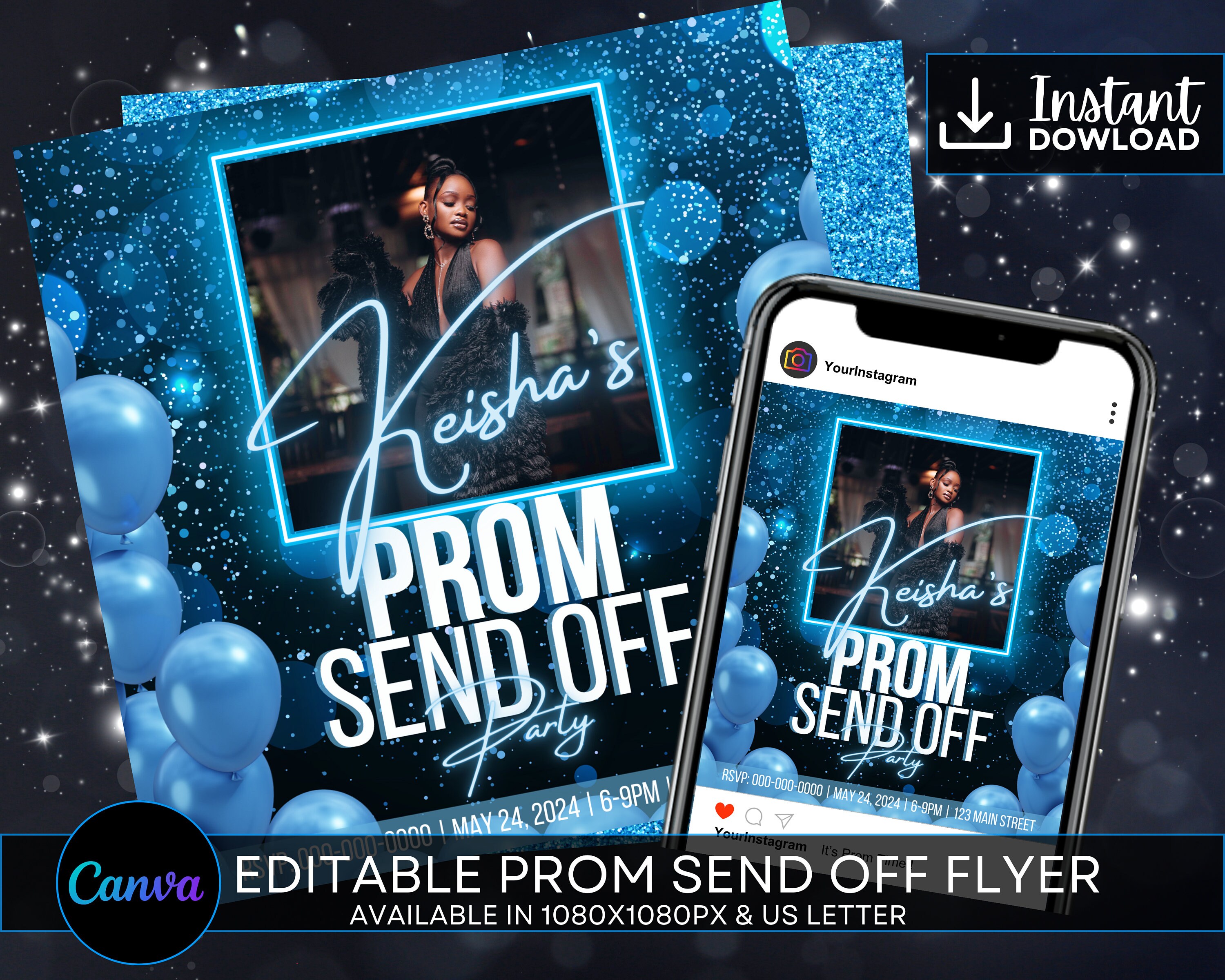 Canva Template Blue Prom Invitation Flyer | Blue Prom Dress | Prom ...