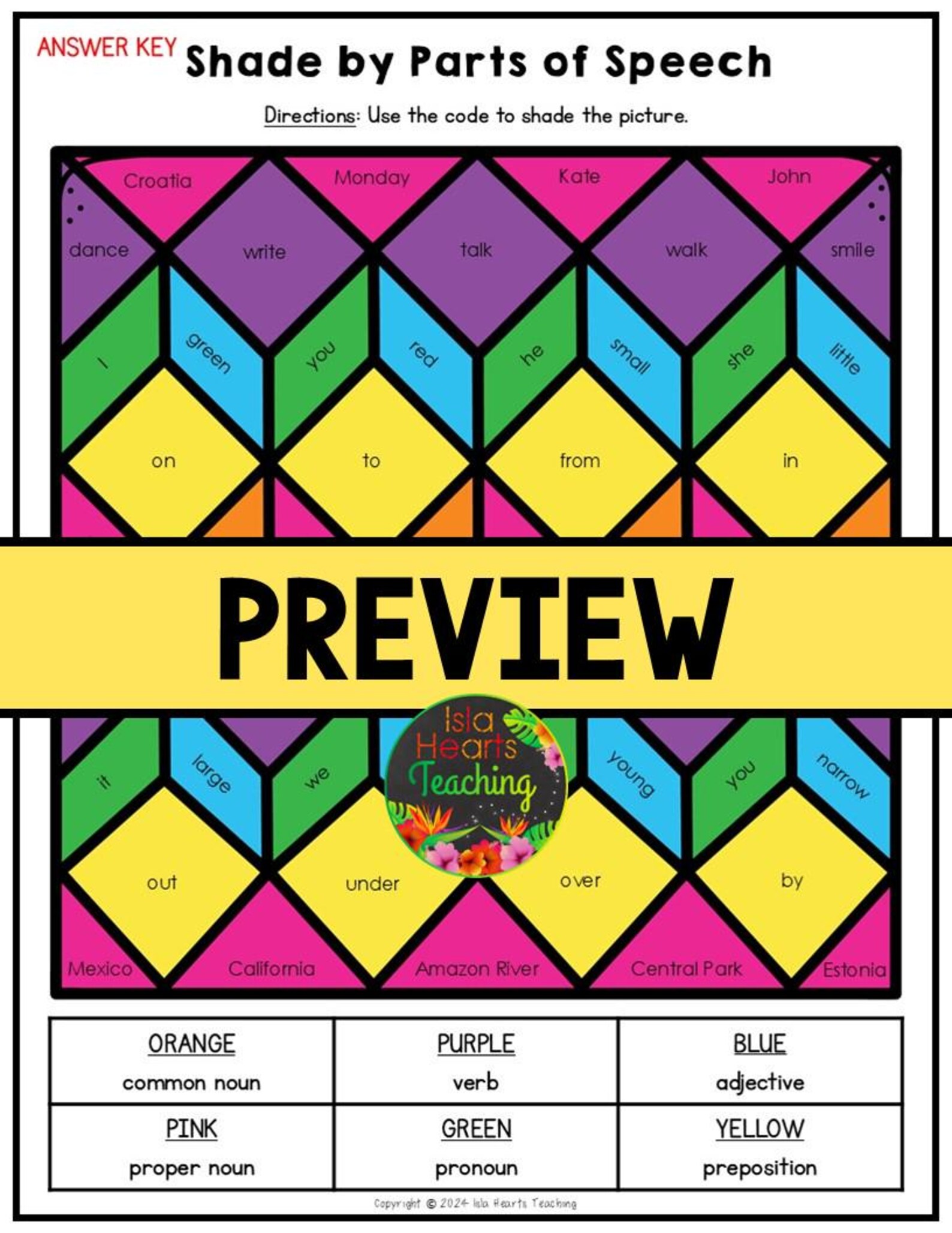 Parts of Speech Color by Code Worksheets I Fun Grammar Activities 2nd ...