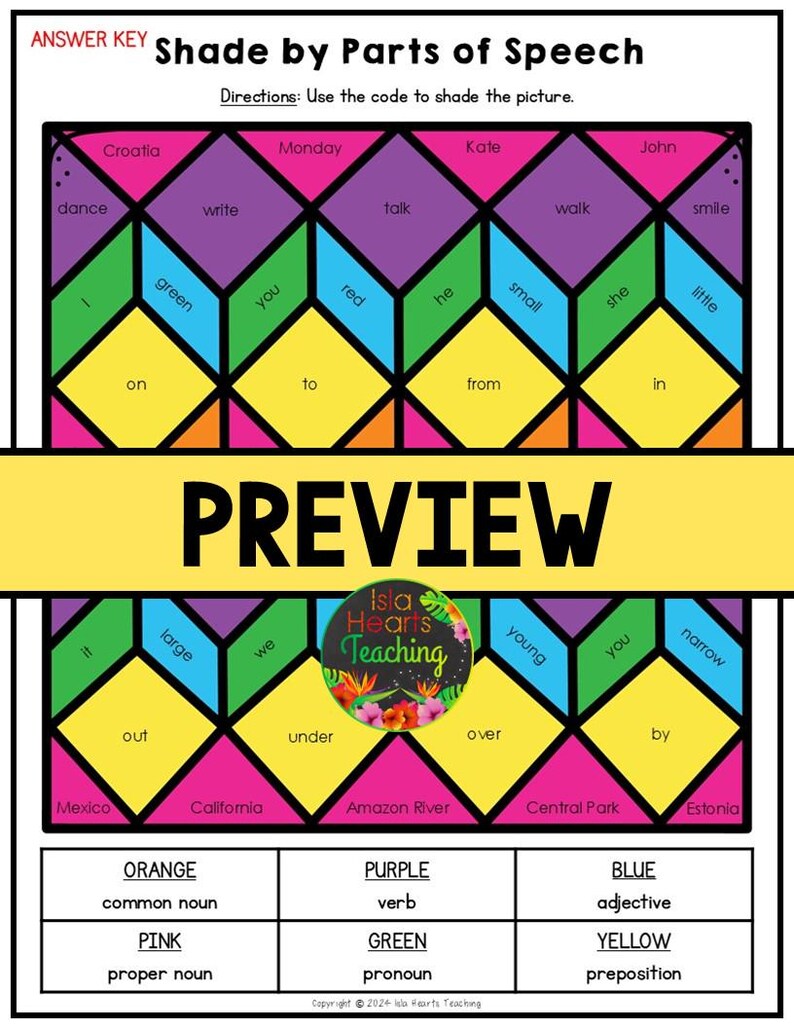 Parts of Speech Color by Code Worksheets I Fun Grammar Activities 2nd ...