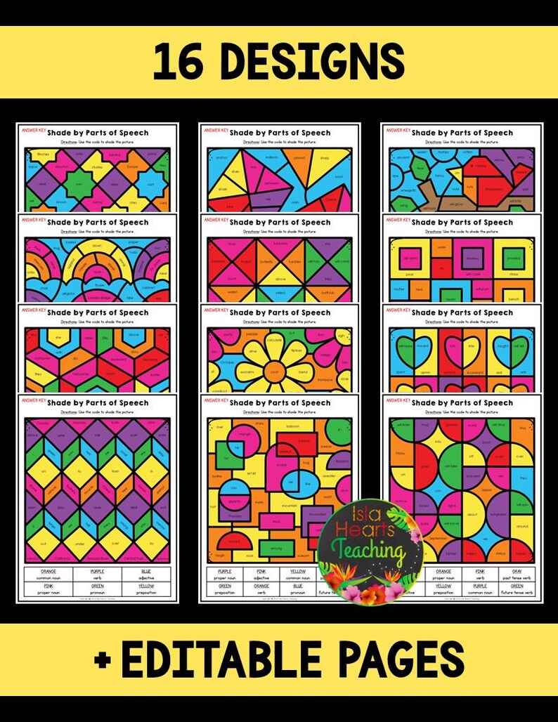 Parts of Speech Color by Code Worksheets I Fun Grammar Activities 2nd ...