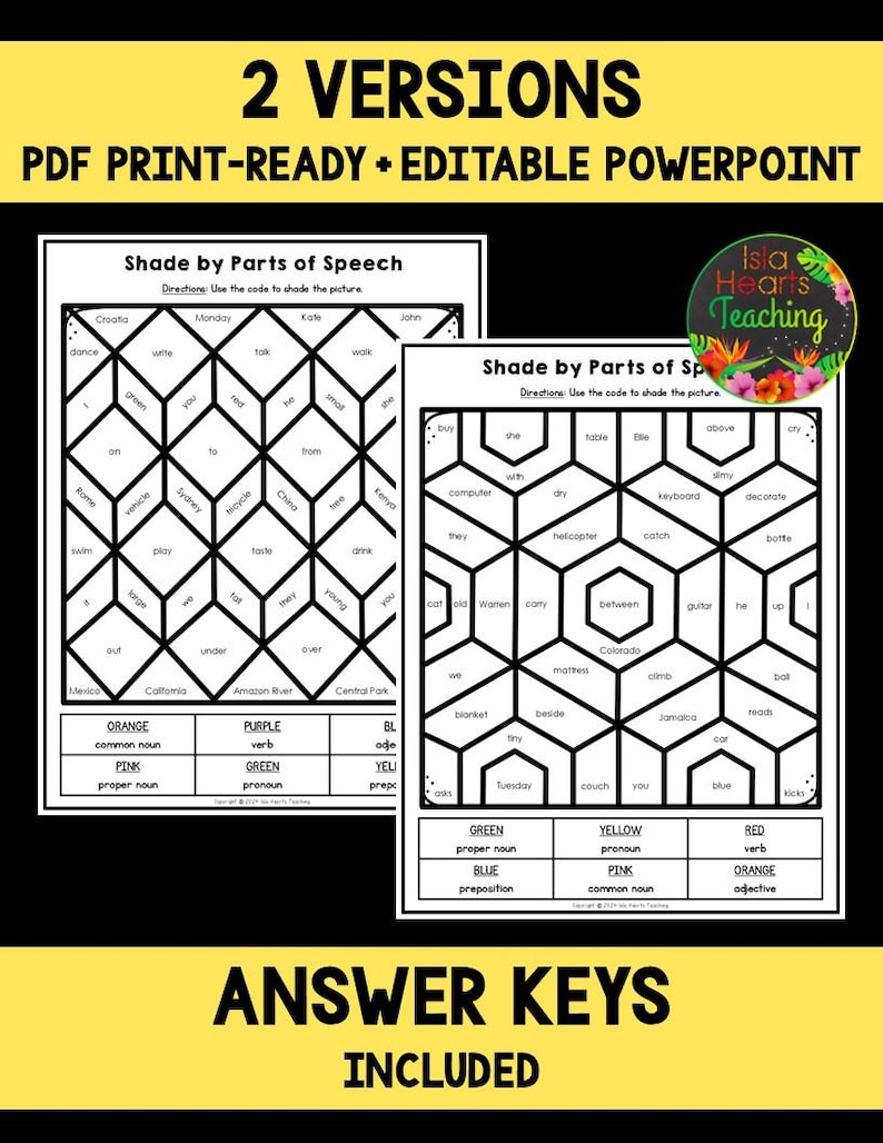Parts of Speech Color by Code Worksheets I Fun Grammar Activities 2nd ...