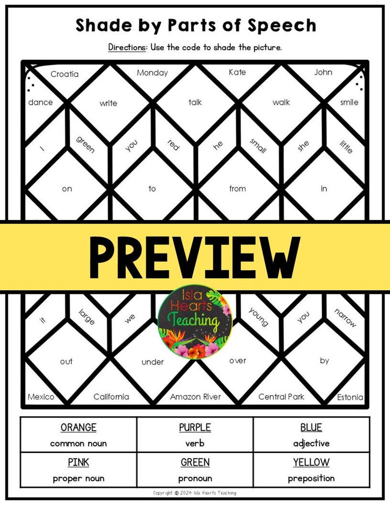 Parts of Speech Color by Code Worksheets I Fun Grammar Activities 2nd ...