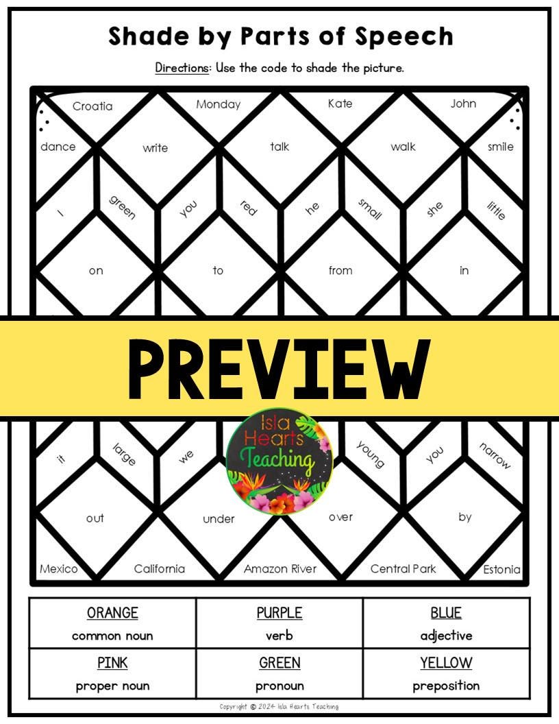 Parts of Speech Color by Code Worksheets I Fun Grammar Activities 2nd ...