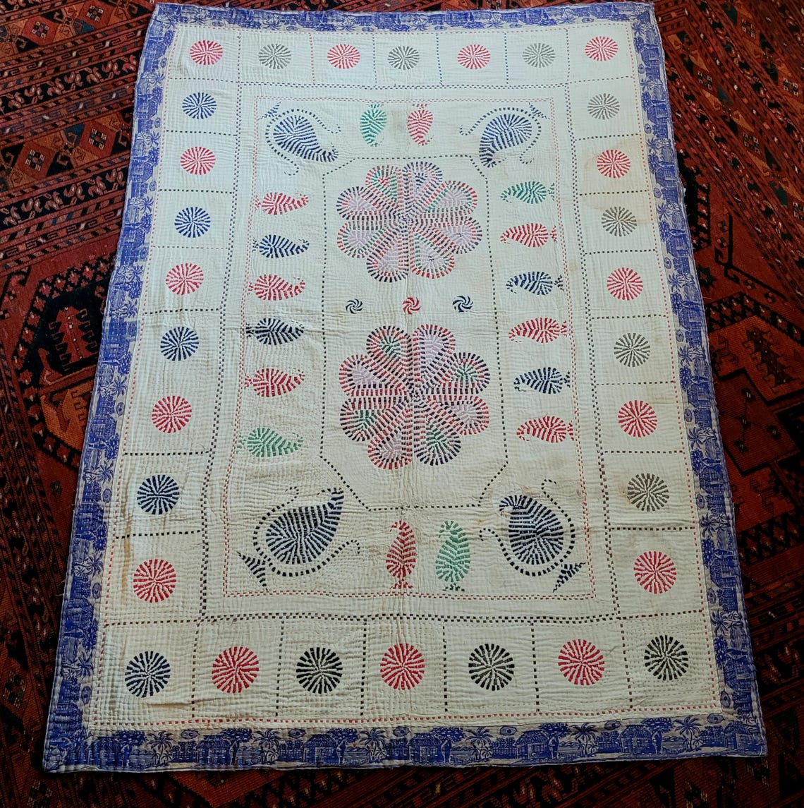 Antique Embroidered Kantha Quilt: 1920's Woven Border, Bengal India - Etsy