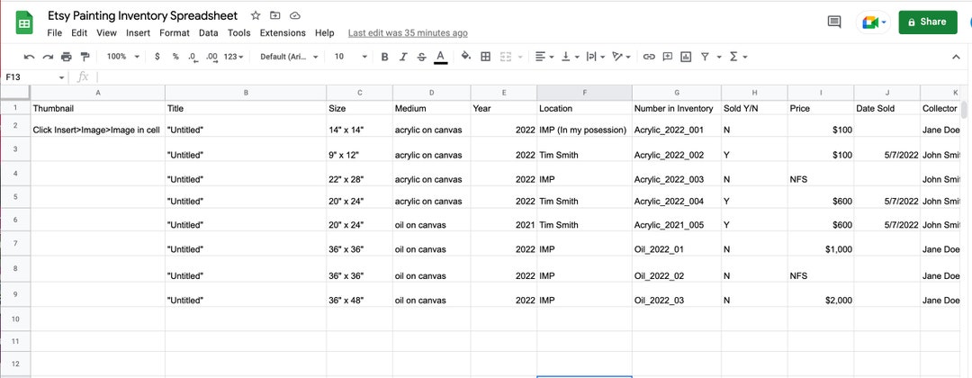 Inventory Sheet (paintings, Antiques, Collectables, Supplies, Etc ...