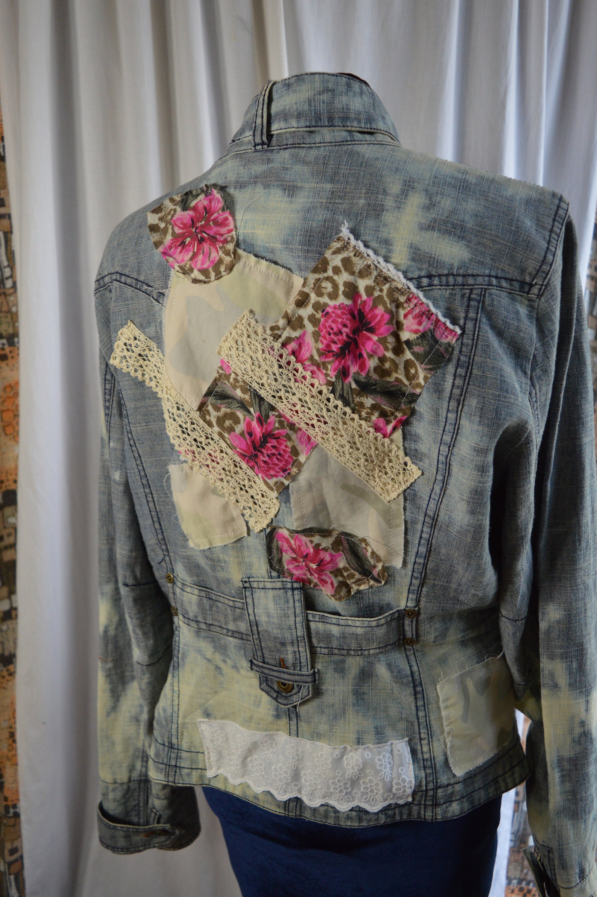 Unique Reworked Jeans Jacket Patches Upcycled Romantic Shabby Hippie ...
