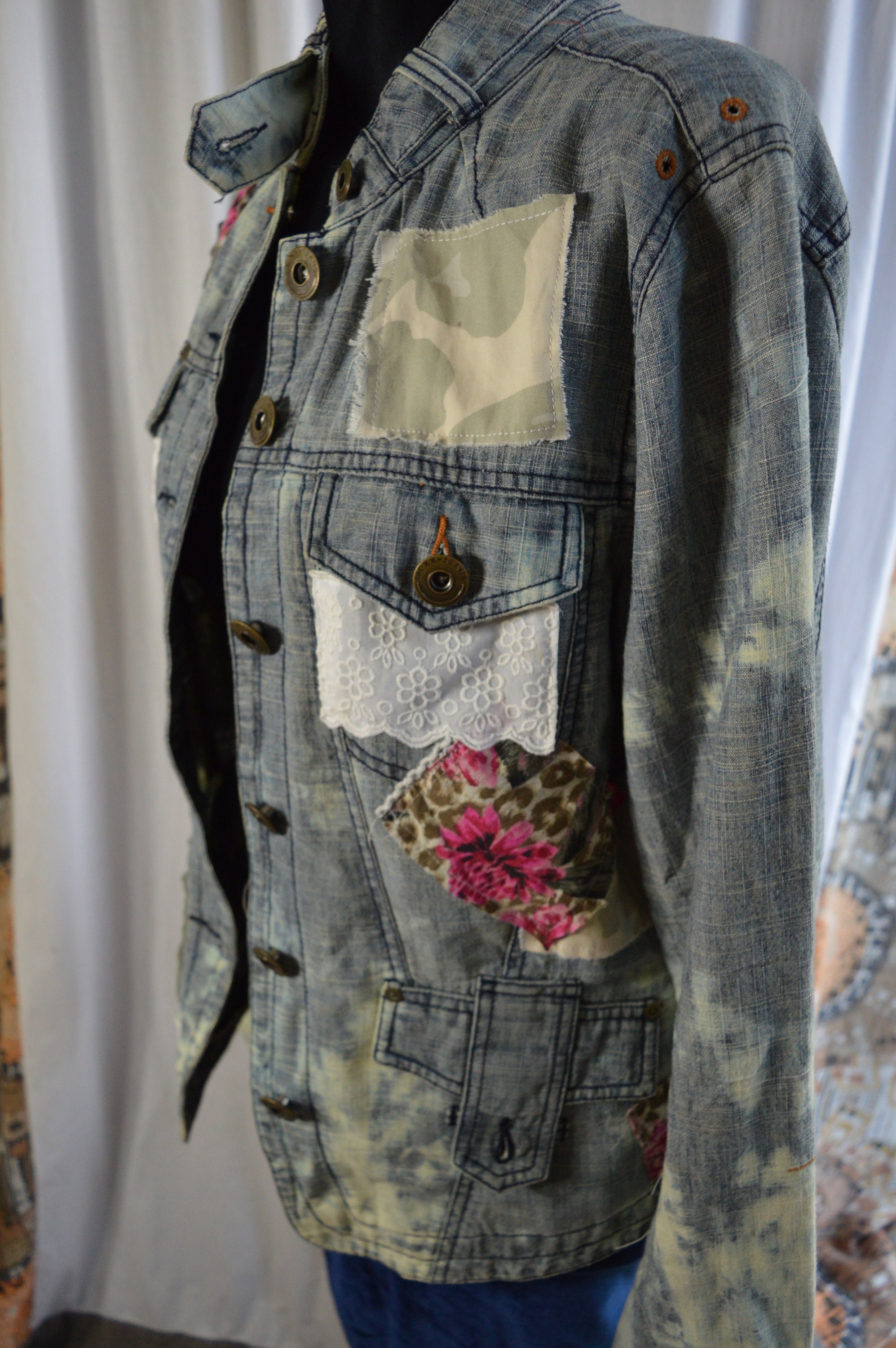 Unique Reworked Jeans Jacket Patches Upcycled Romantic Shabby Hippie ...