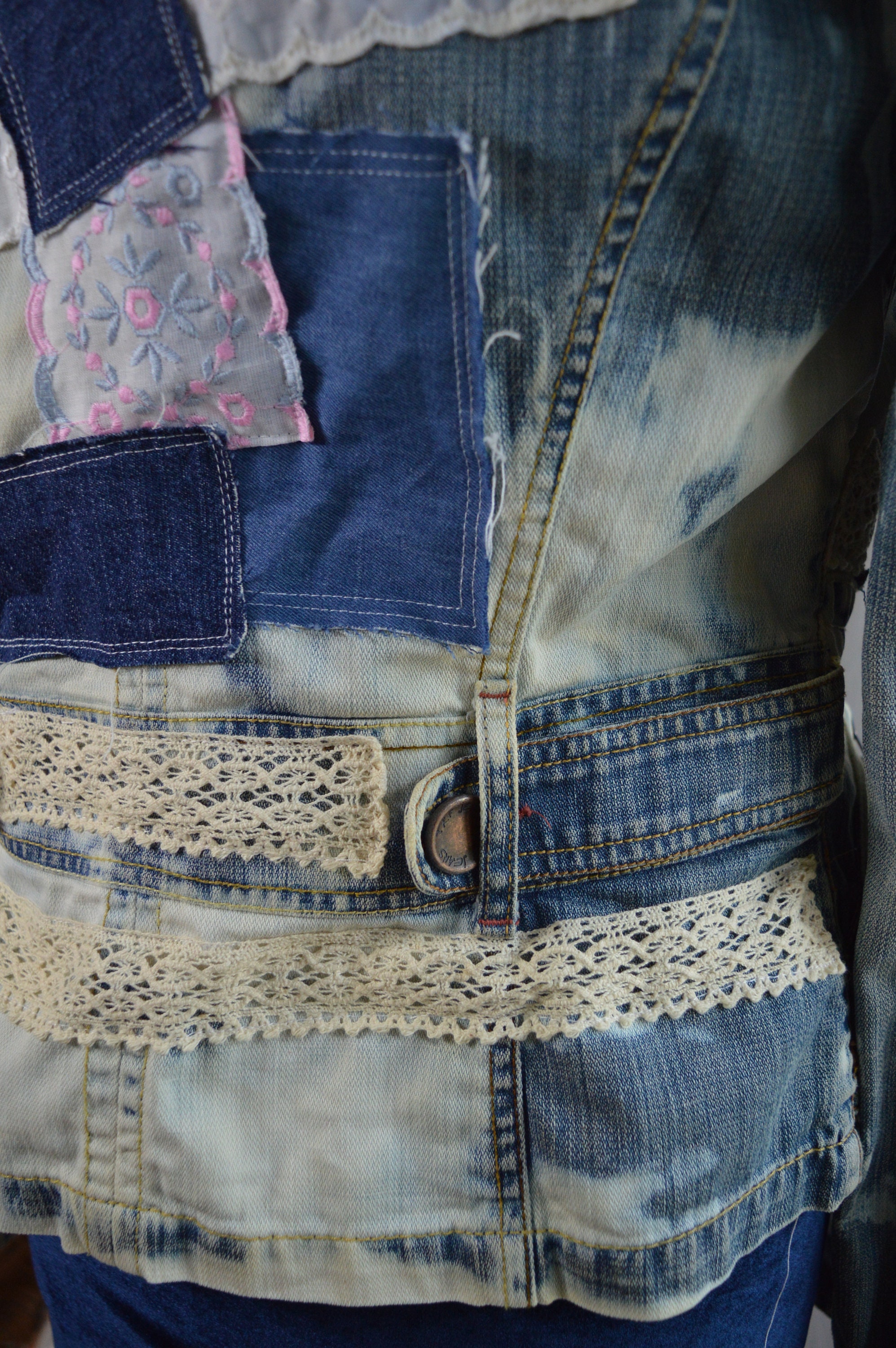 Unique Reworked Jeans Jacket Patches Upcycled Romantic Shabby Hippie ...