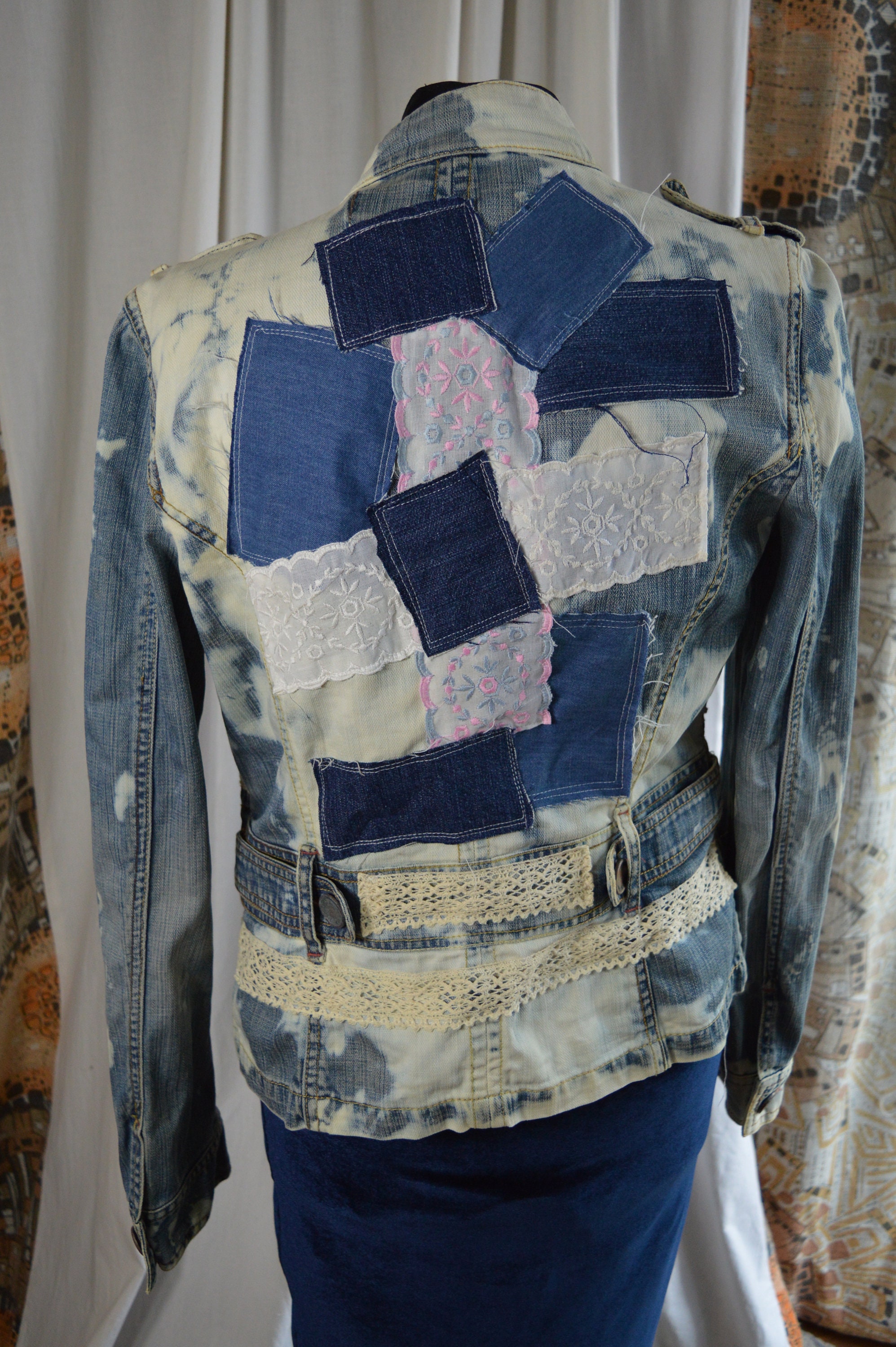 Unique Reworked Jeans Jacket Patches Upcycled Romantic Shabby Hippie ...