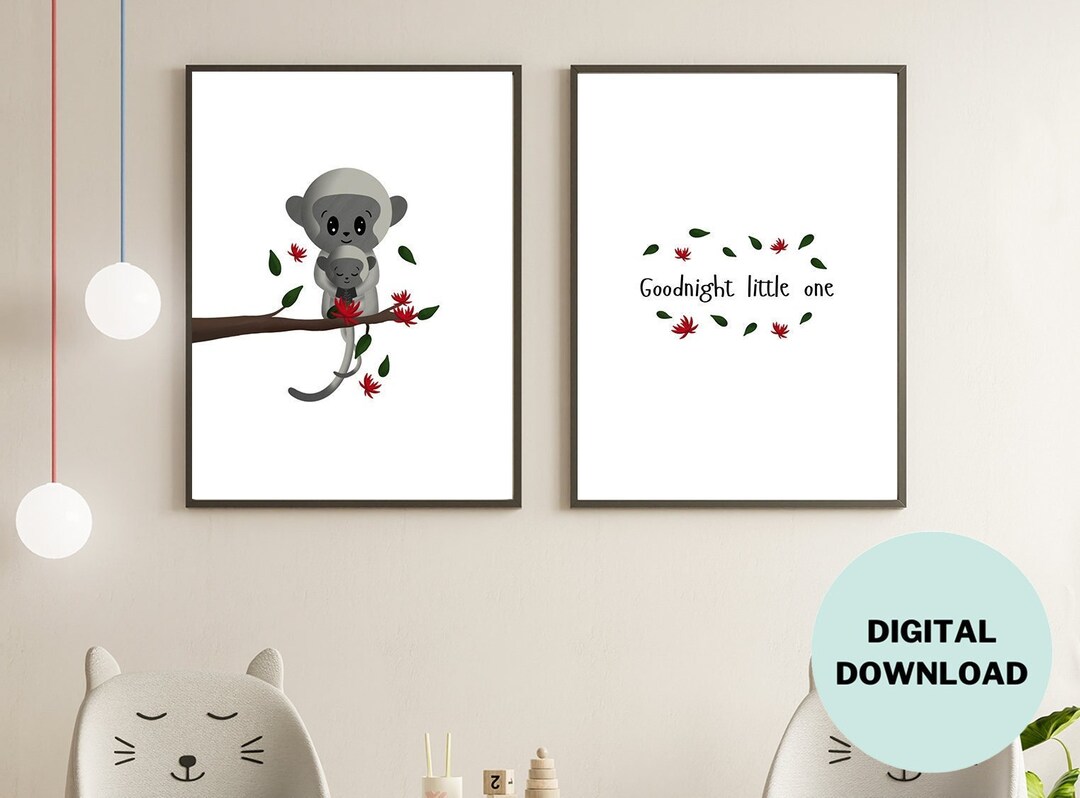 Cute Monkey and Baby Printable Art Goodnight Little One, Jungle Animal ...