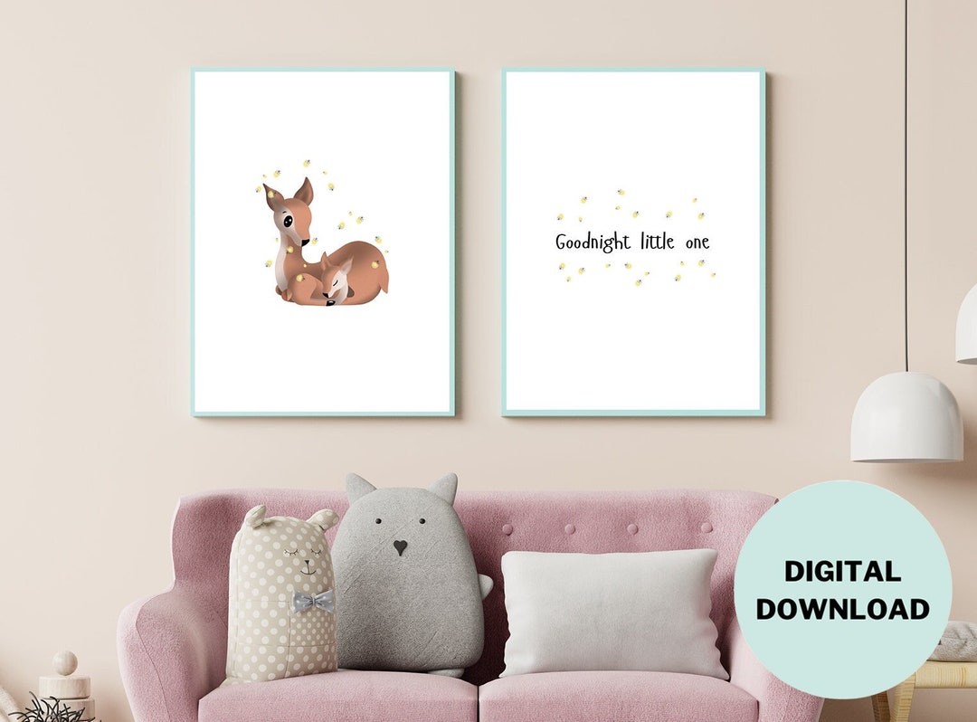 Deer and Sleepy Baby With Fireflies Two Piece Printable Art, Goodnight ...