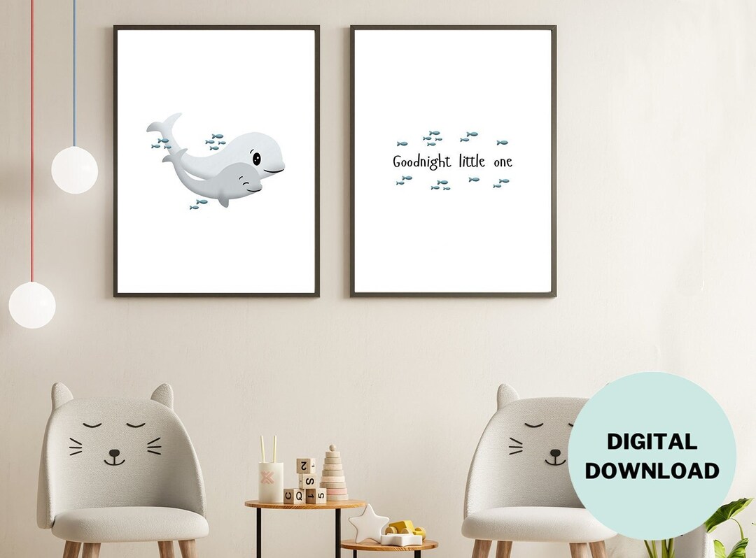 Cute Beluga Whale and Sleepy Baby Two Piece Printable Art, Goodnight ...