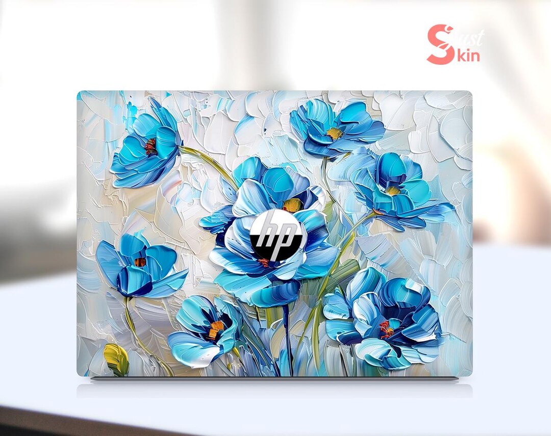 HP Envy Laptop Sticker Custom Blue Oil Painting Flowers Vinyl Decal for ...