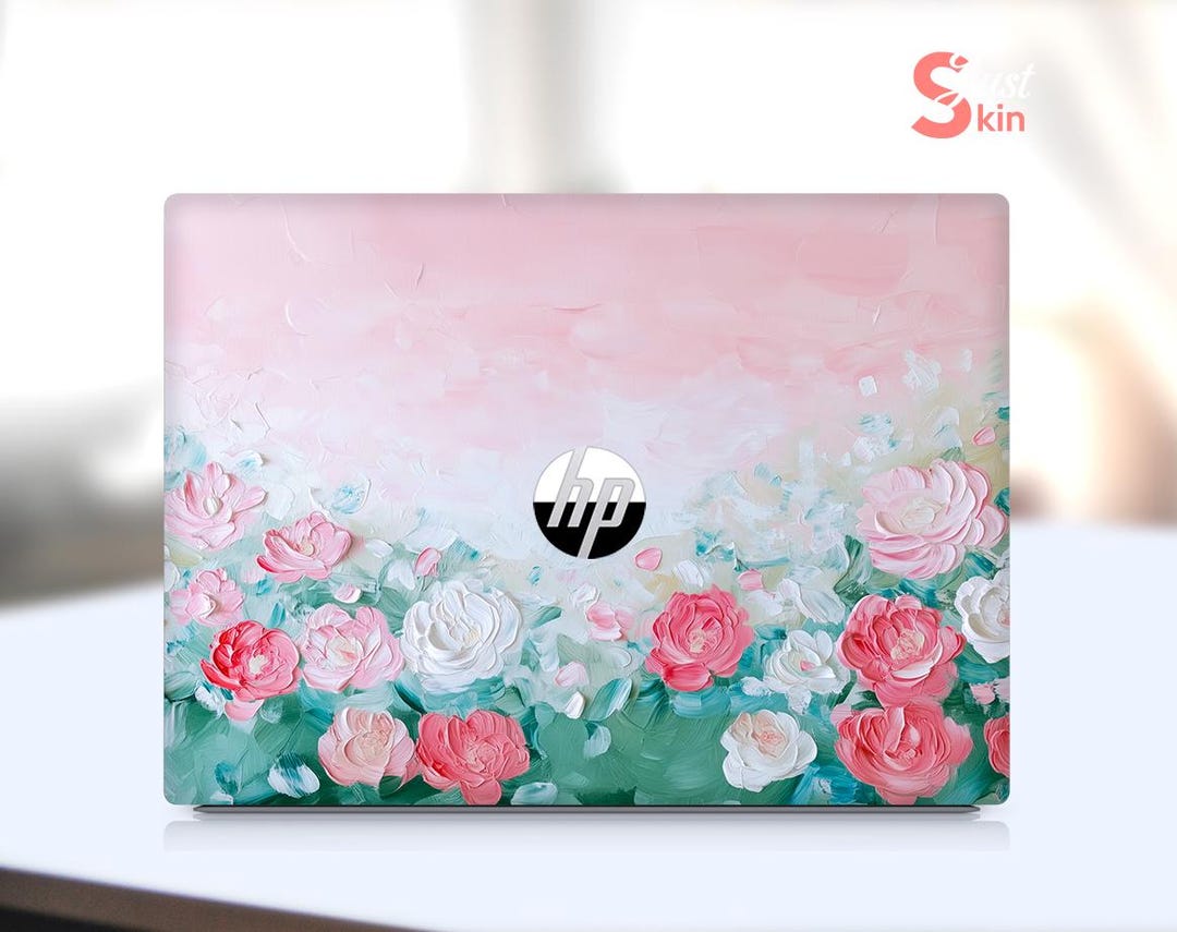 HP Laptop Sticker Custom Pink Oil Painting Flowers Pattern Vinyl Decal ...