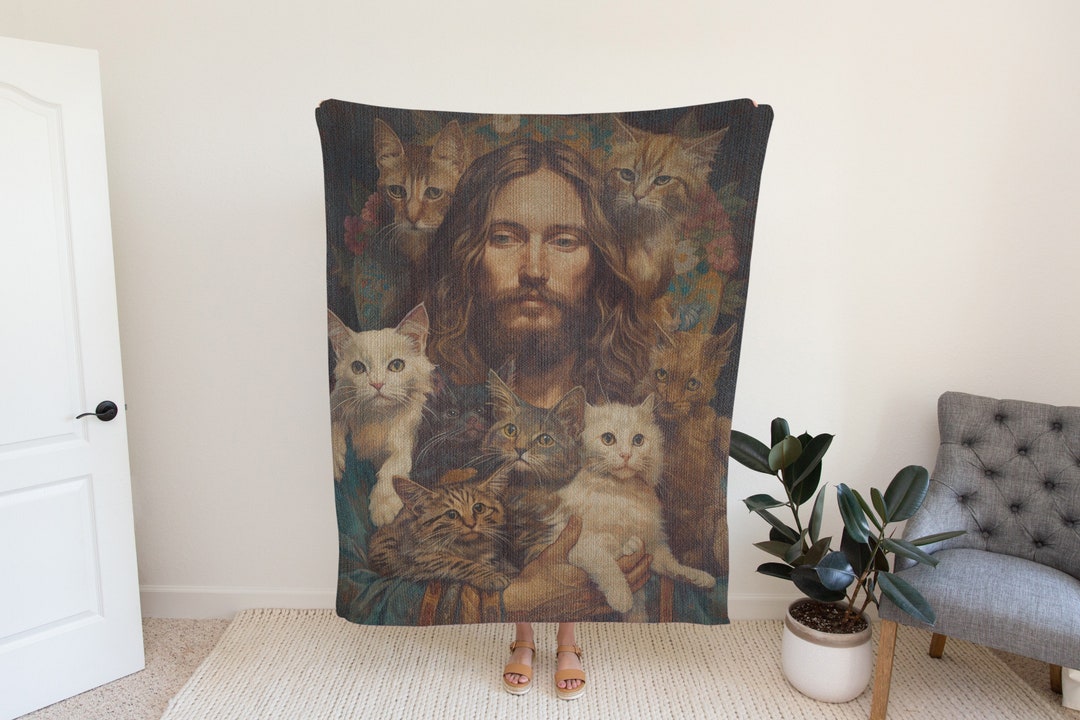 Hippie Jesus Holding Cats Sherpa Throw Blanket: Cat Lovers - Etsy