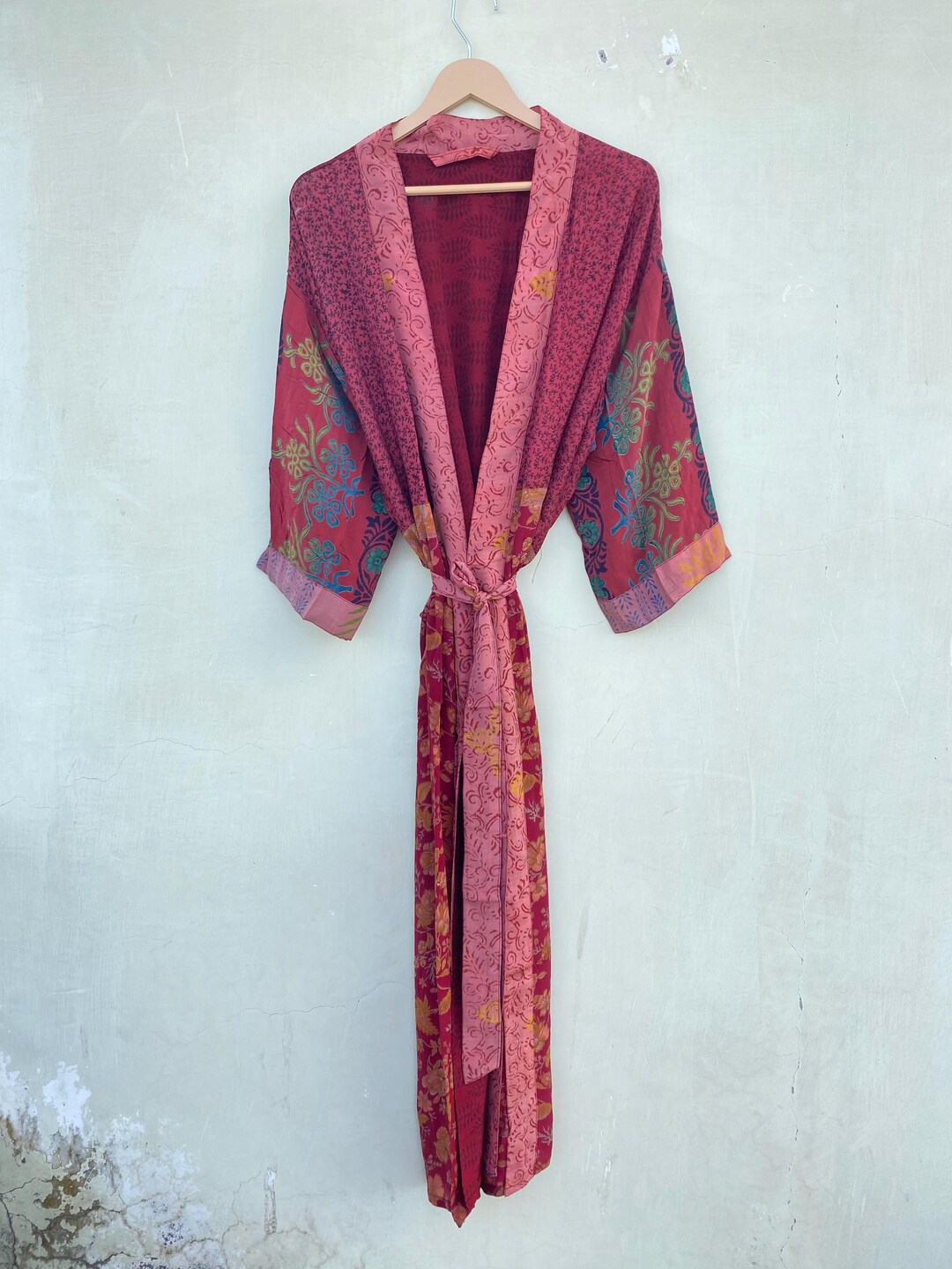 Red Silk Kimono Robe Crape Silk Sari Dress Hand Stitched Silk Kimono ...