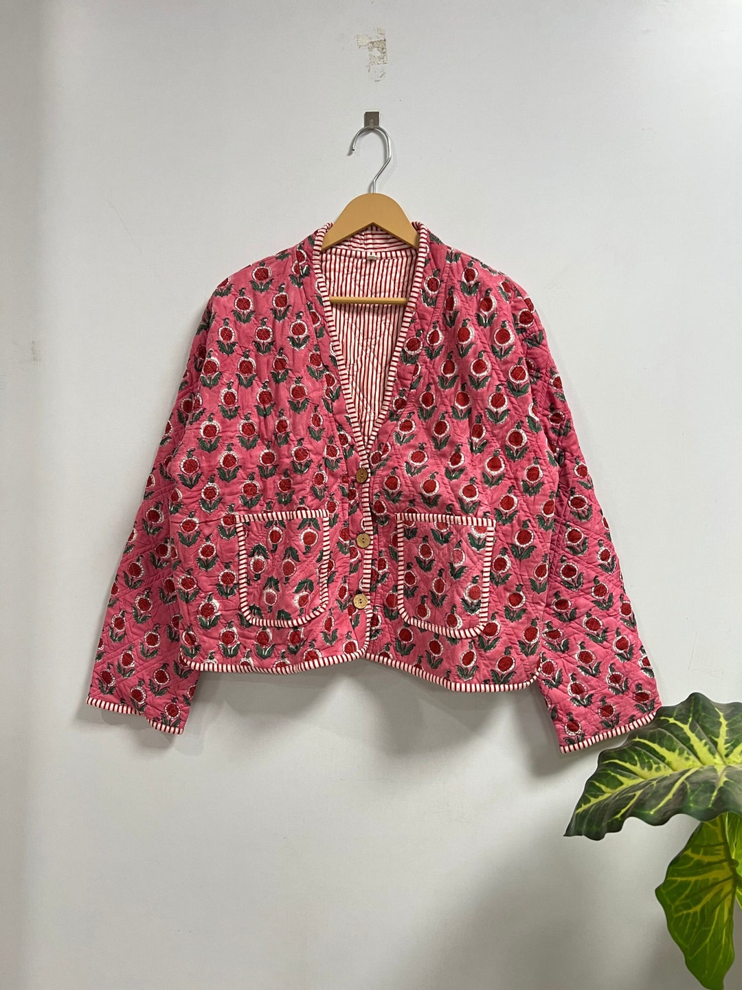 Hand Block Print Cotton Quilted Jacket, V'neck New Style Jacket ...
