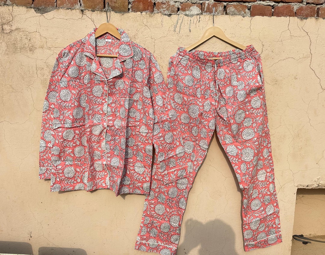 Hand Block Print Pajamas, Floral Pure Cotton Pj's, Pajamas Set, Indian ...
