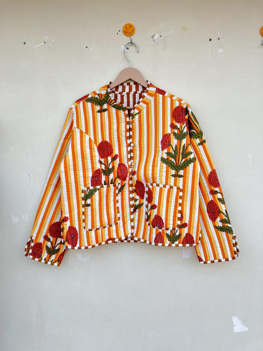 Cotton Floral Block Print Jacket, Handmade Reversible Stripe Piping ...