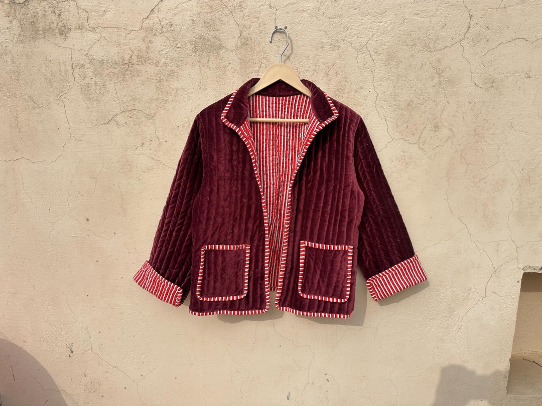 Handmade Red Velvet Quilted Jacket, Reversible Cotton Velvet Jacket ...
