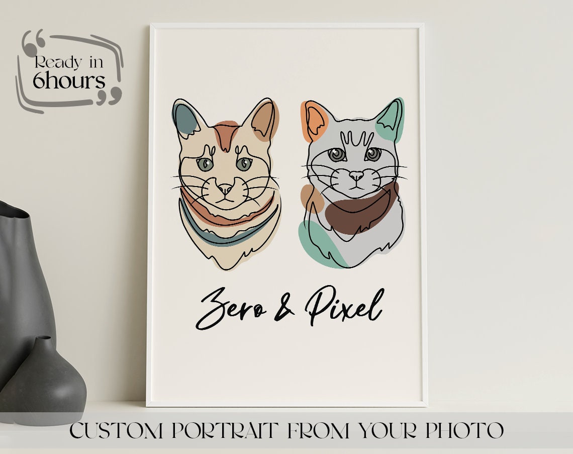 Custom Cat Portrait,cat Portrait Drawing, Cat Personalized, Cat Line ...